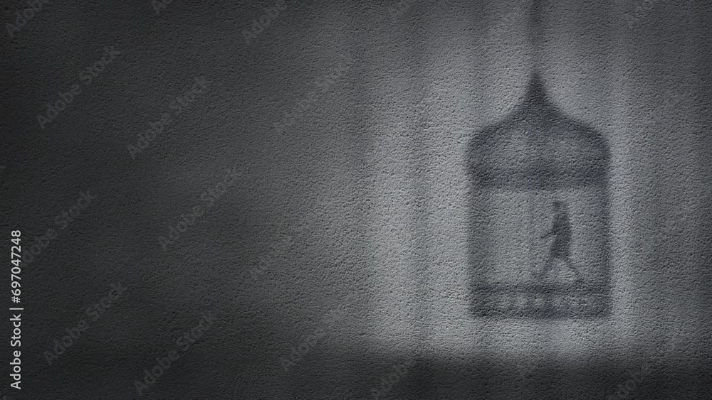 A woman thinking walking in a cage on wall shadow silhouette. Depicting ...