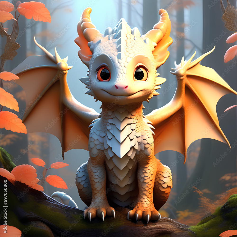 Cute baby dragon in the woods. Little baby dragon with big eyes and ...