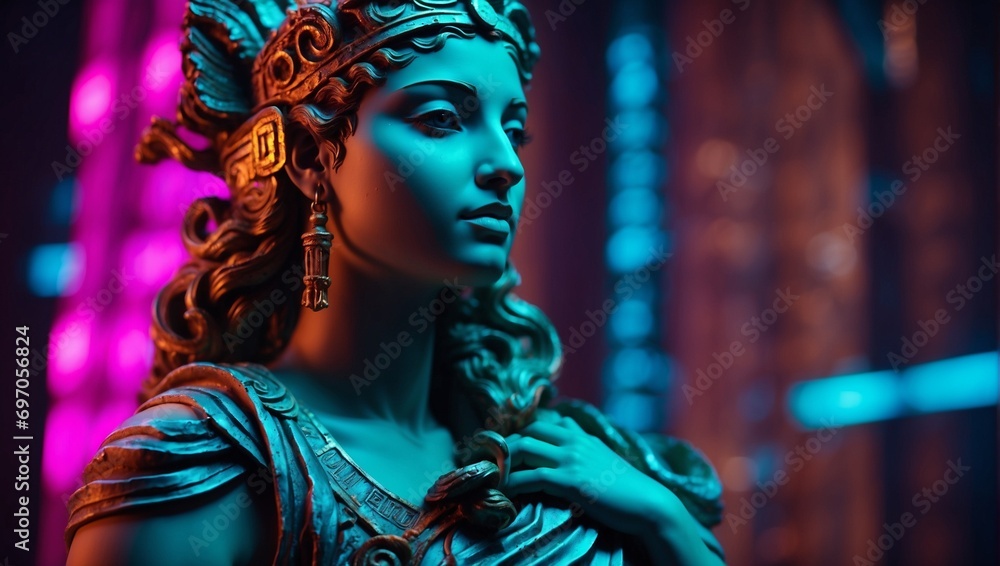 Female sculpture of the goddess of Ancient Greece on a neon background ...