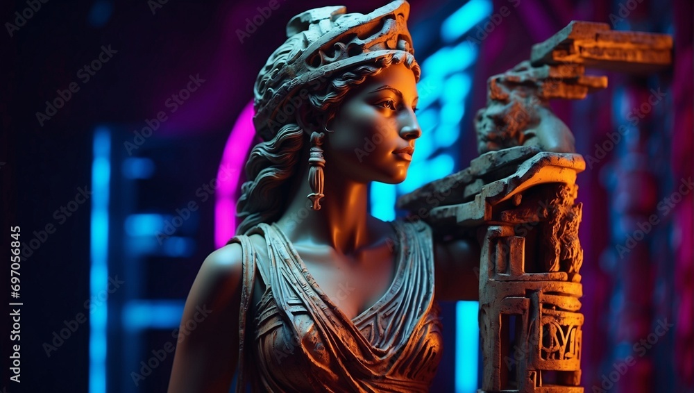 Female sculpture of the goddess of Ancient Greece on a neon background ...