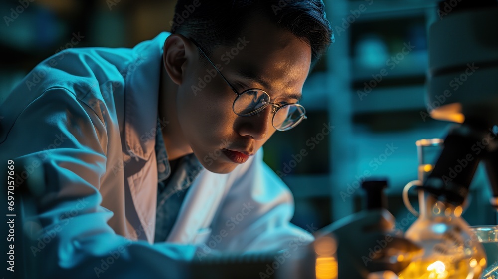 Intensely focused researcher studying a sample meticulously in a ...