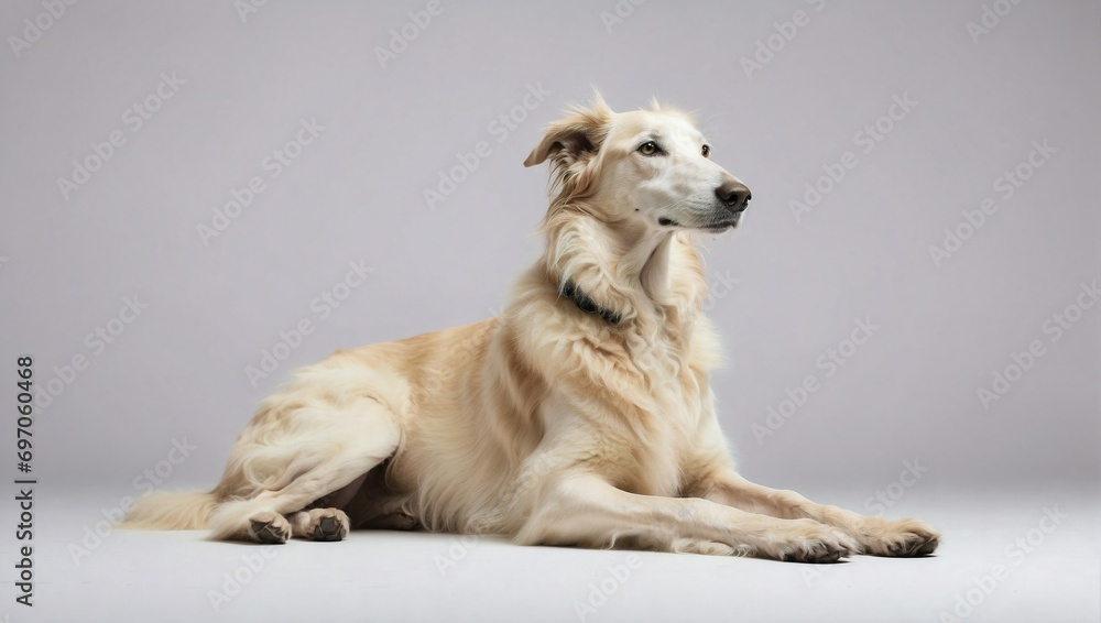 Elegant Borzoi dog lying gracefully, with a flowing cream coat against ...