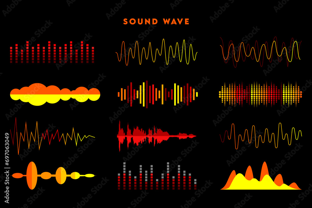 Set of sound waves. Analog and digital line waveforms. Musical sound waves, equalizer and ...