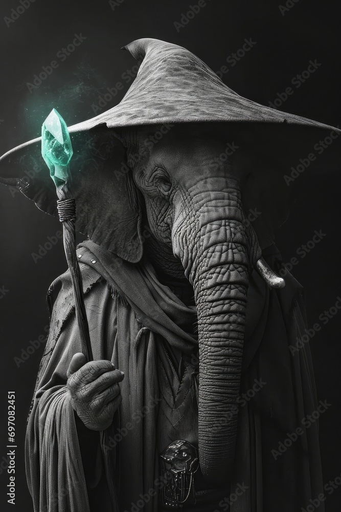 Elephant as a wizard with magical stick, Black and white portrait ...