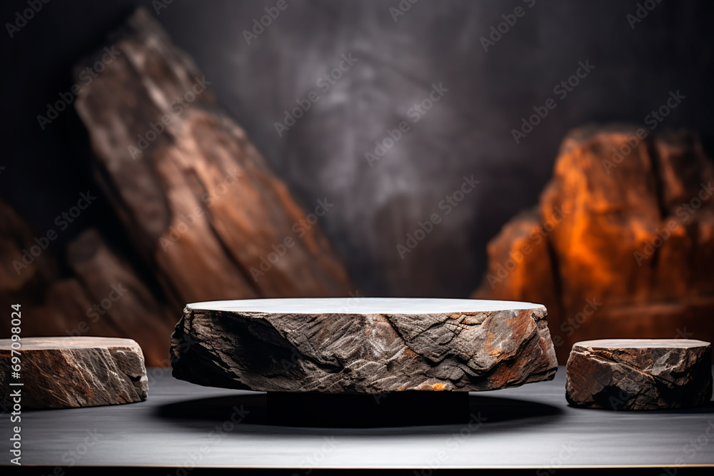 Focused podium stand with a minimalist design, featuring a rock stone ...
