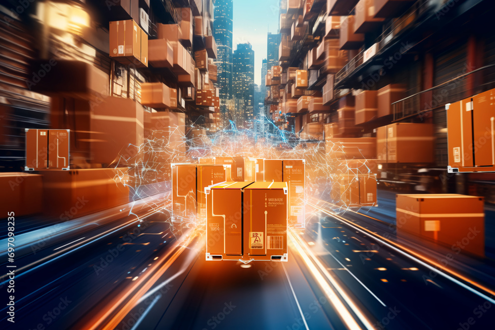 Futuristic logistics: Parcel cardboard box in hyper loops route ...