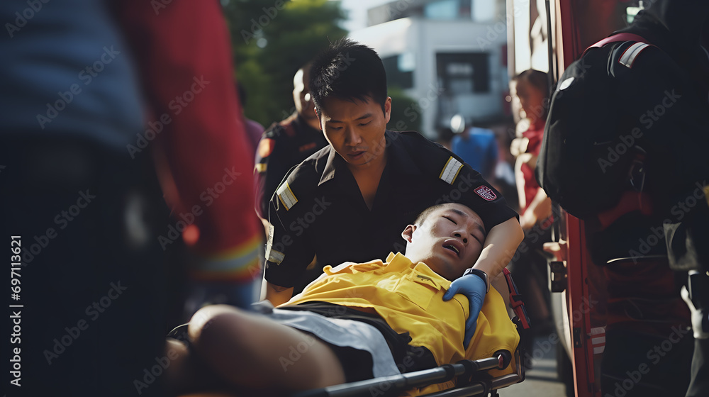 Foto de Team of Asian EMS Paramedics React Quick to Provide medical ...