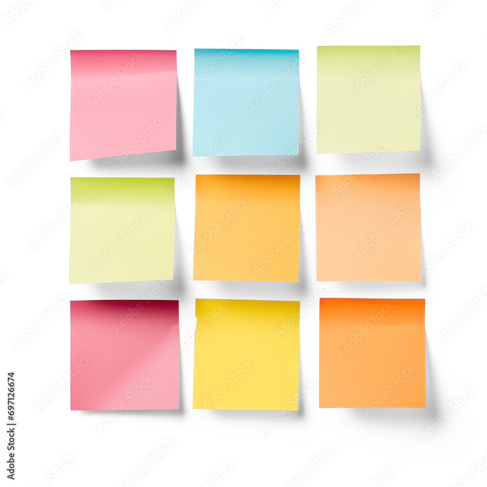 Set of Note paper with different color, adhesive tape and tack. Blank ...