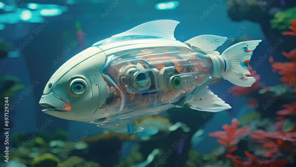 Vidéo Stock An extreme closeup of a futuristic robotic fish swimming ...