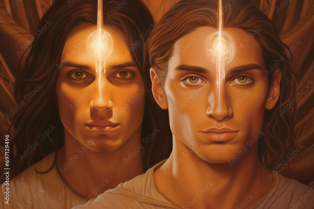 Deux beaux jeunes hommes, sans doute deux frères, sont illuminés de l ...