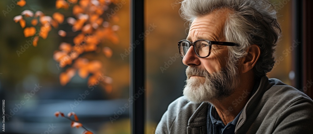 An elderly, contemplative, and melancholy guy stares out of his bedroom ...