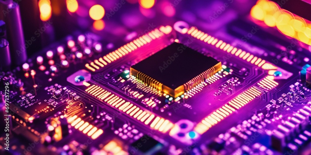 closeup on electronic circuit board with processor, hyperdetailed ...