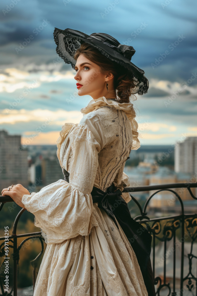 Woman in classic costume, full body view, not ironed wrinkled fabric ...
