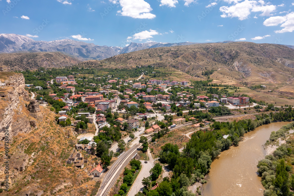 Kemah district city entrance. View of Sultan Melik Tomb and Karasu ...