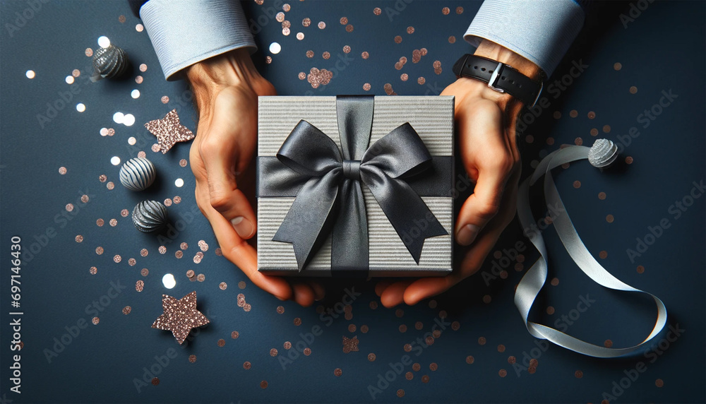 man's hands holding an elegant present gift box with a grey ribbon over ...