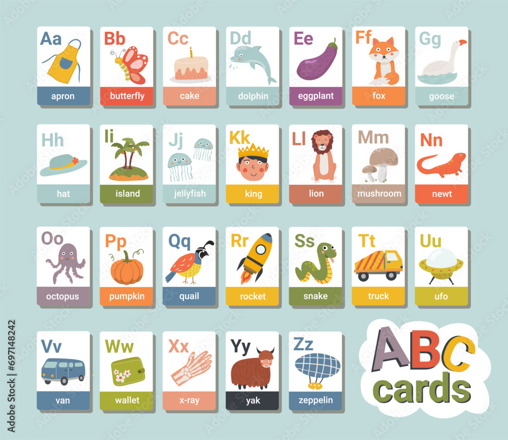 Alphabet flash card A to Z with cute hand drawn object vector ...