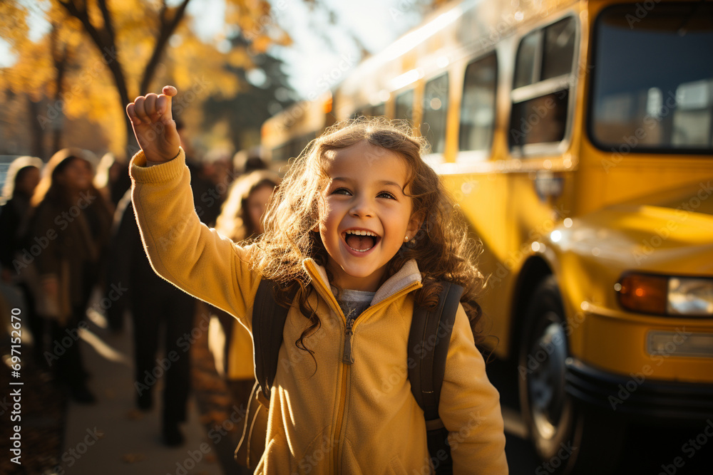 excitement as the school bus arrives, with kids in cinematic poses ...