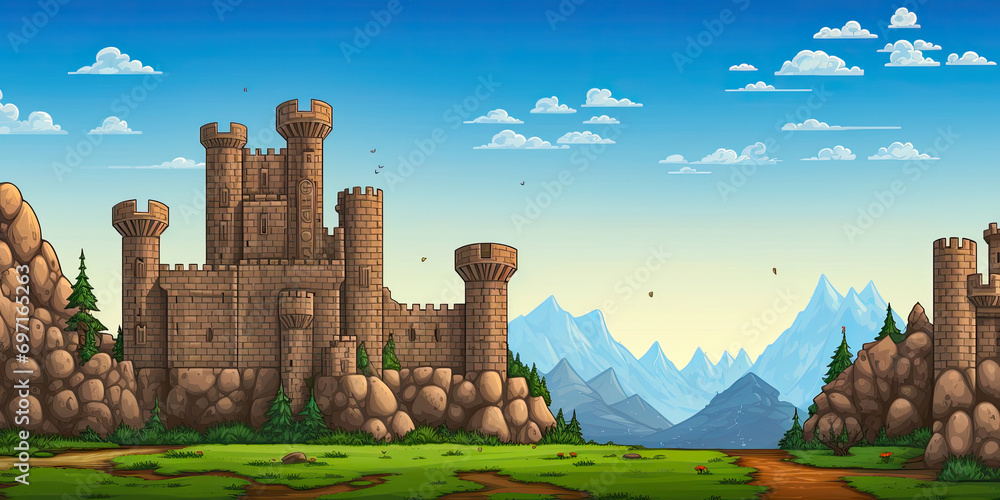 Castle background video game style illustration castles towers 8-bit ...
