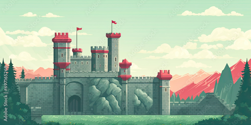 Castle background video game style illustration castles towers 8-bit ...