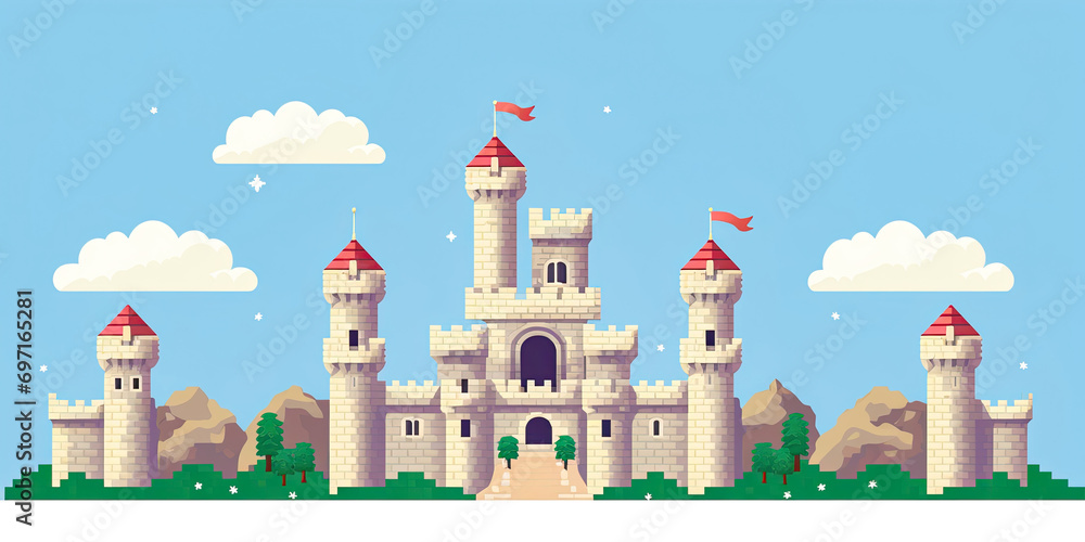 Castle background video game style illustration castles towers 8-bit ...