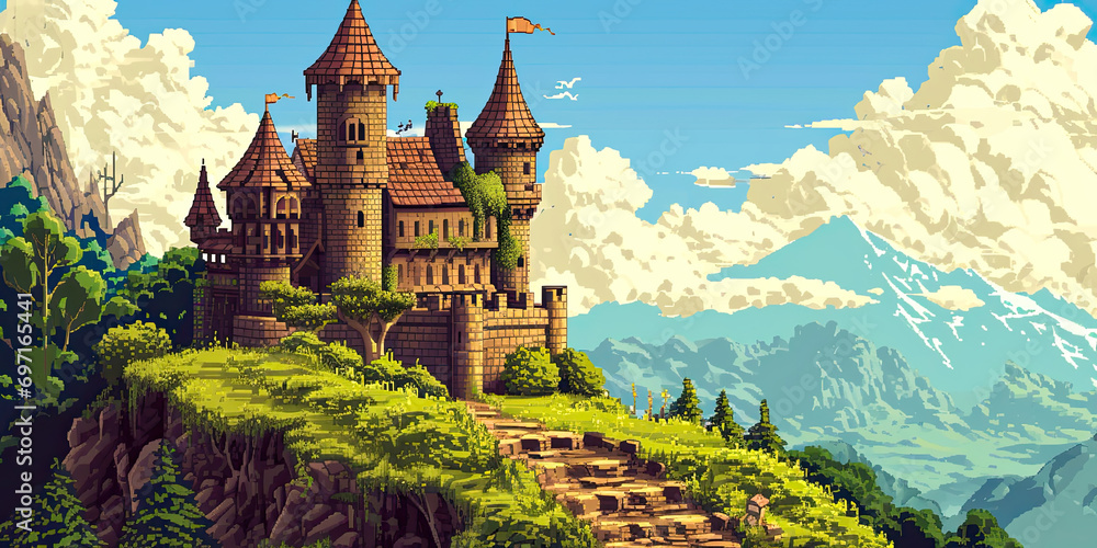 Castle background video game style illustration castles towers 8-bit ...