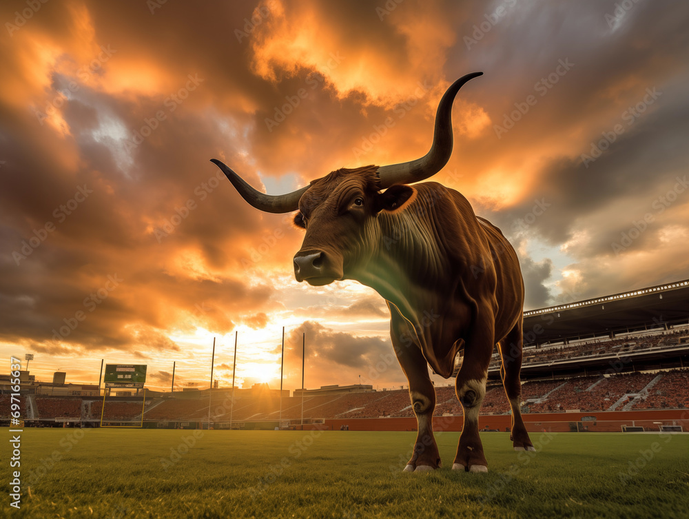 Large Longhorn Bull Stands in College Football Stadium at Sunset Stock ...