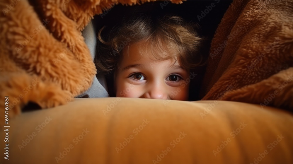 children kid playing hide and seek standing behind the sofa, Adorable ...