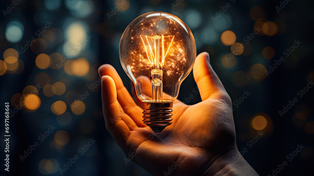 hand holding light bulb. idea concept with innovation and inspiration ...