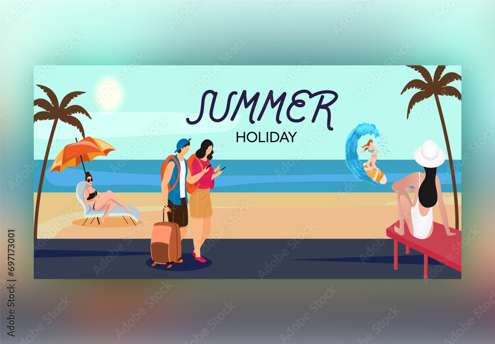Summer Holiday Banner Design with Tourists Using Phone and Female ...