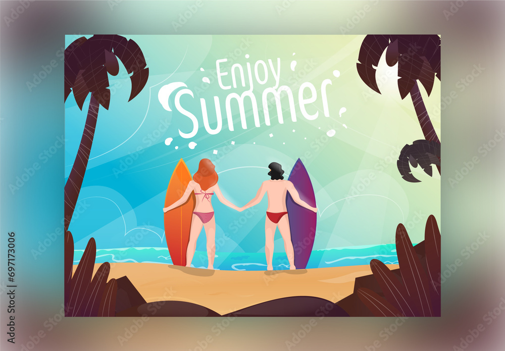 Enjoy Summer Time Based Poster Design with Back View of Surfer ...