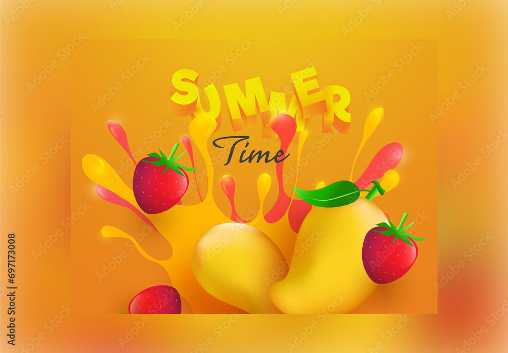 Summer Time Poster Design with Freshly Mangoes, Strawberries on ...