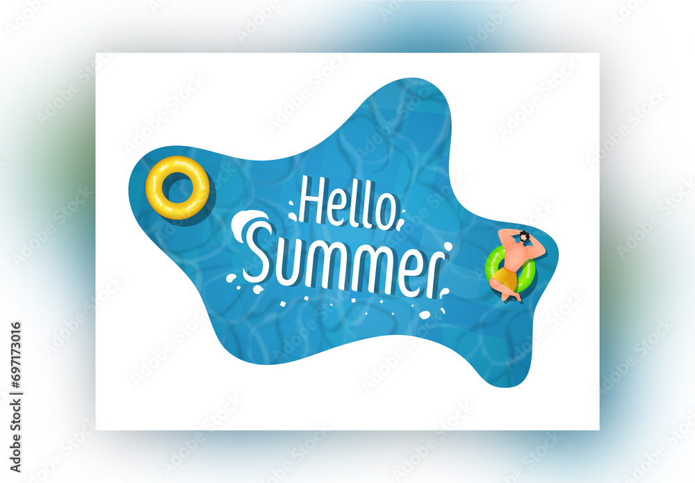 White Hello Summer Text and Top View of Swimmer Man Lying on Lifebuoy ...