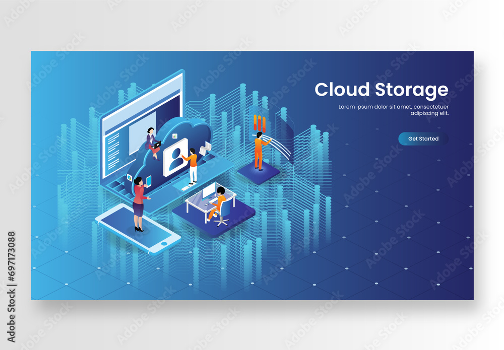 Cloud Storage Concept Based Landing Page Design In Blue Color Business People Manage Data In 3d