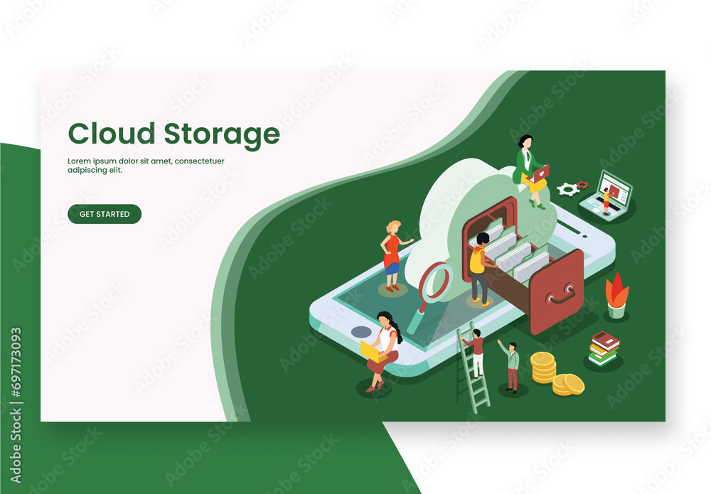 Cloud Storage Concept Based Landing Page Design In Green And White Color Business People Manage