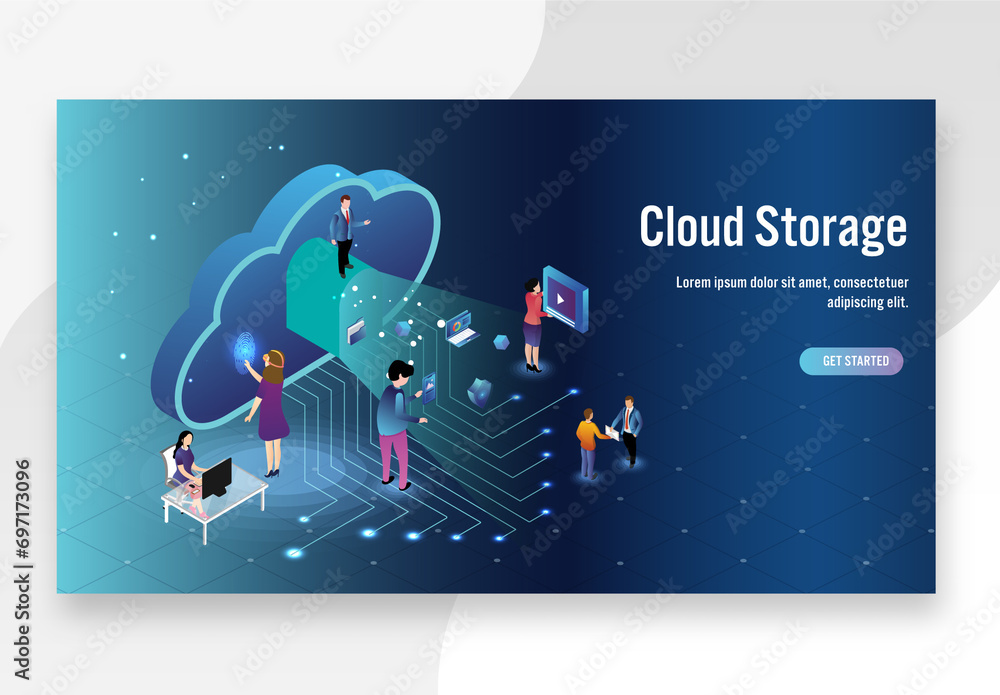 Cloud Storage Concept Based Landing Page Design In Blue Color Business People Manage Data In