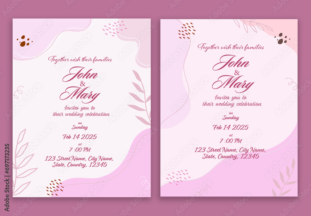 Wedding Invitation Card Template Layout with Event Details in Pink ...