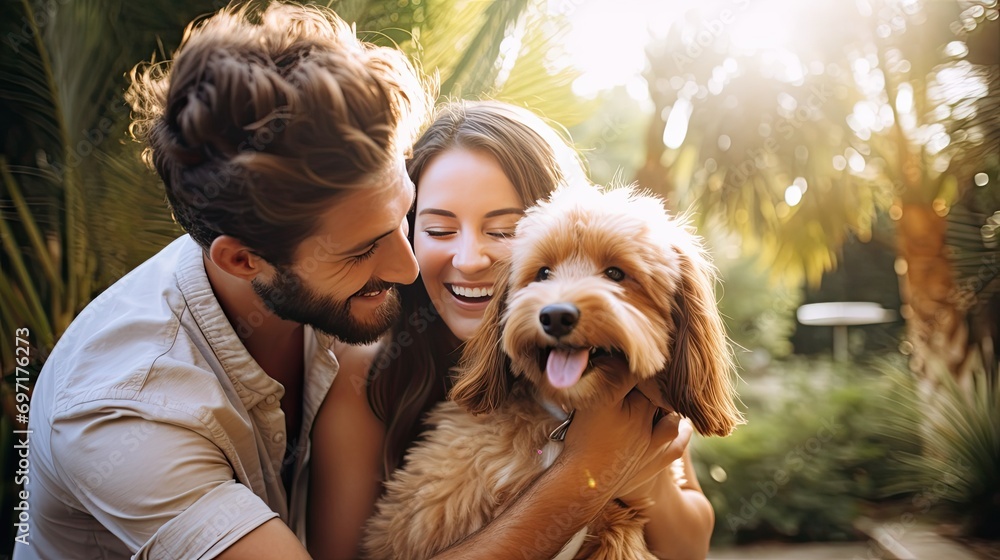Couple spending time with pets in a park or at home. Capture the joy ...