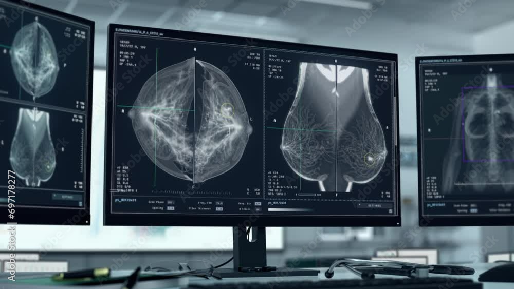 Medical imaging system examining the female chest organs. Medical ...