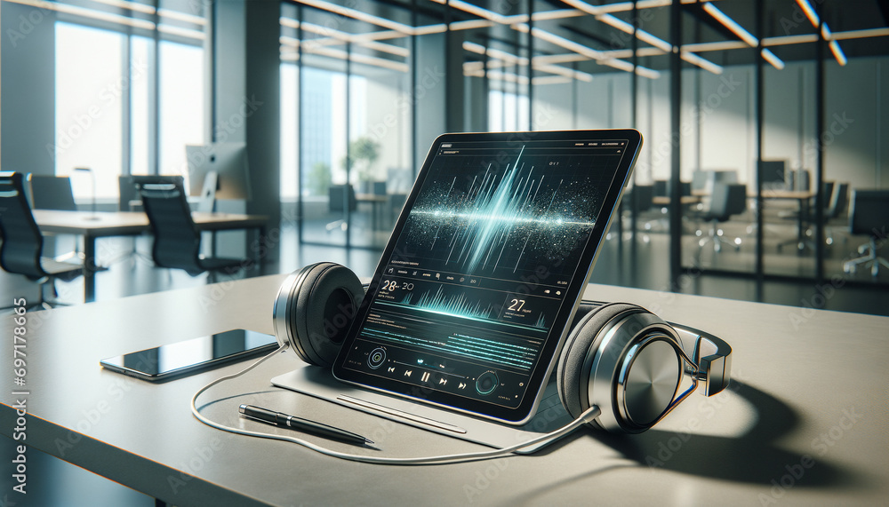 AI Music: Professional Workspace with Headphones and AI-Generated Music ...
