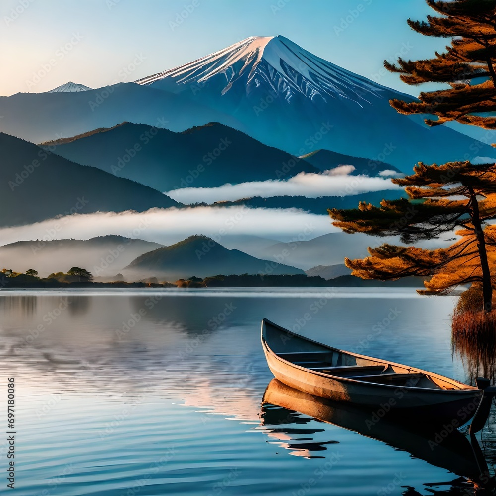 Beautiful scenery during sunrise of Lake Saiko in Japan with the ...