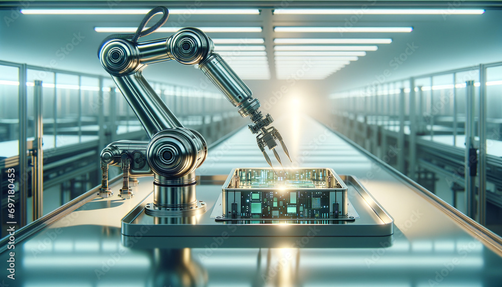 Modern robotic arm assembly of electronic device in sleek manufacturing ...
