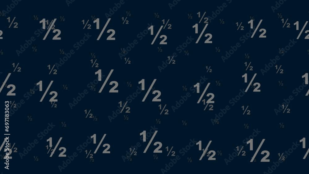 Half fraction symbols float horizontally from left to right. Parallax fly effect. Floating ...