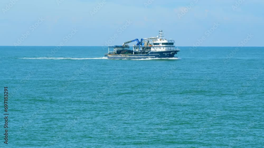 Vidéo Stock Fishing Vessel Goes To Sea To Catch Fish. Ship Floats On ...