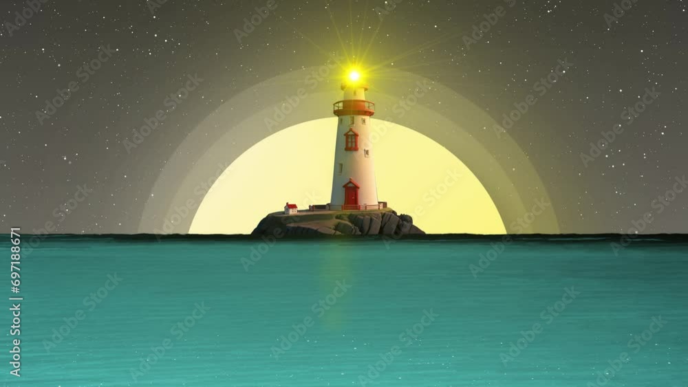 Light House Animation Behind Sun Appear, Ocean Wave And Stars Are ...