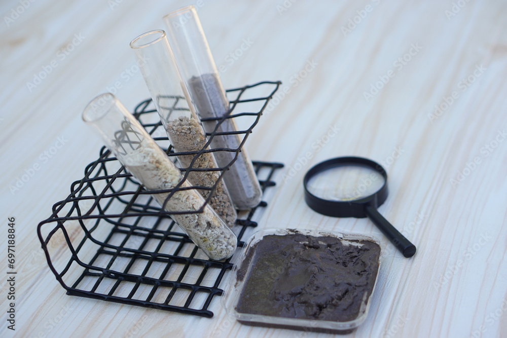 Test tubes that contain sample soil. Concept, soil quality inspection ...