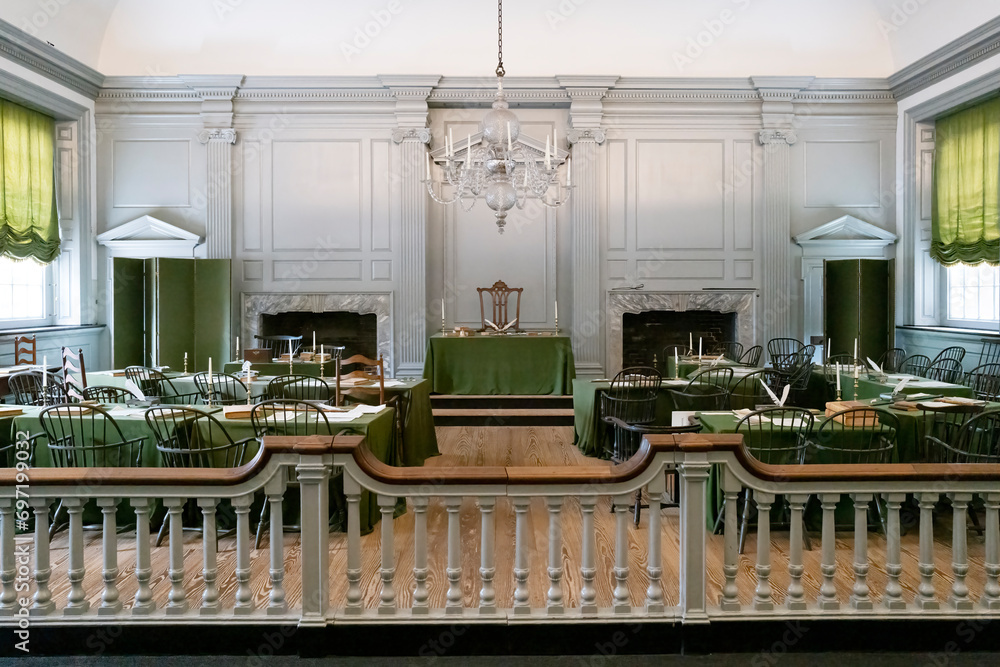 Restored Assembly Room with Rising Sun Chair of George Washington at ...
