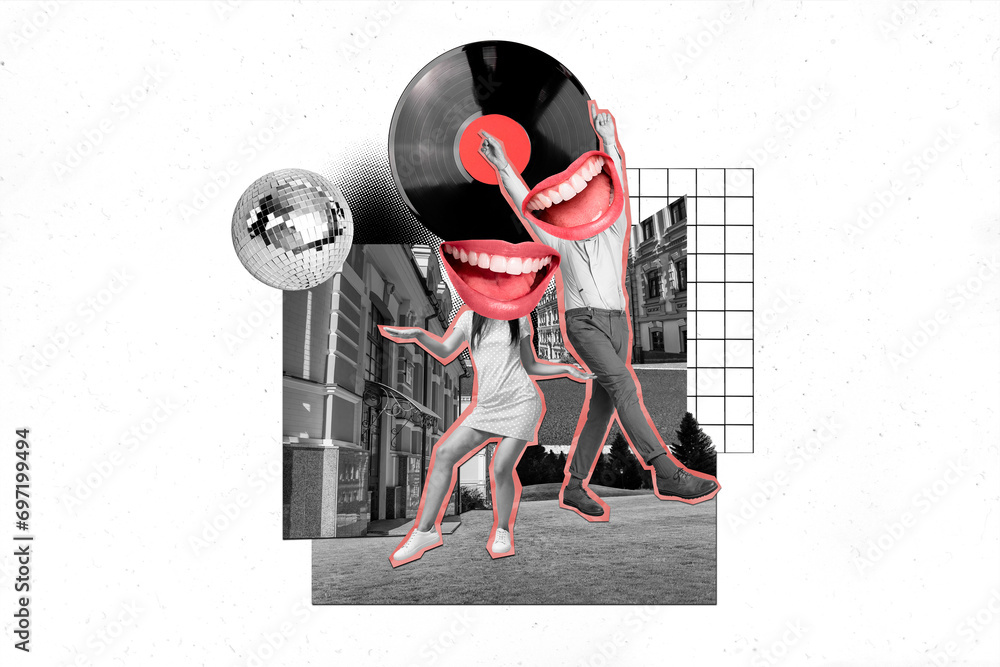 Horizontal humorous photo collage black white effect dancing joyful ...