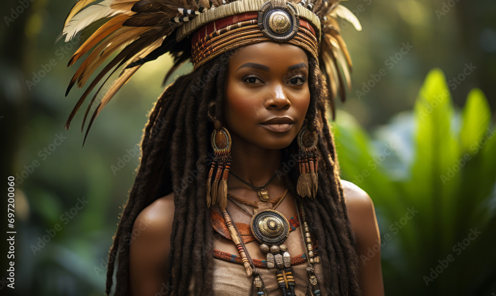 Majestic African woman in traditional attire with feathered headdress ...