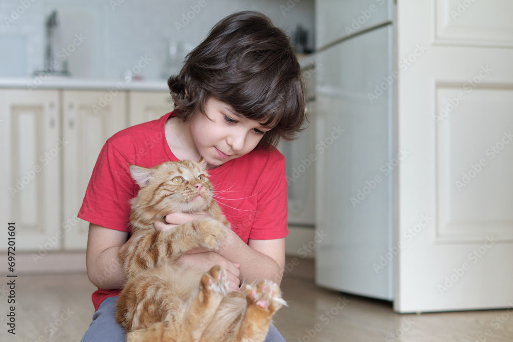 A young boy in a red shirt gently hugs his orange tabby cat, a quiet ...