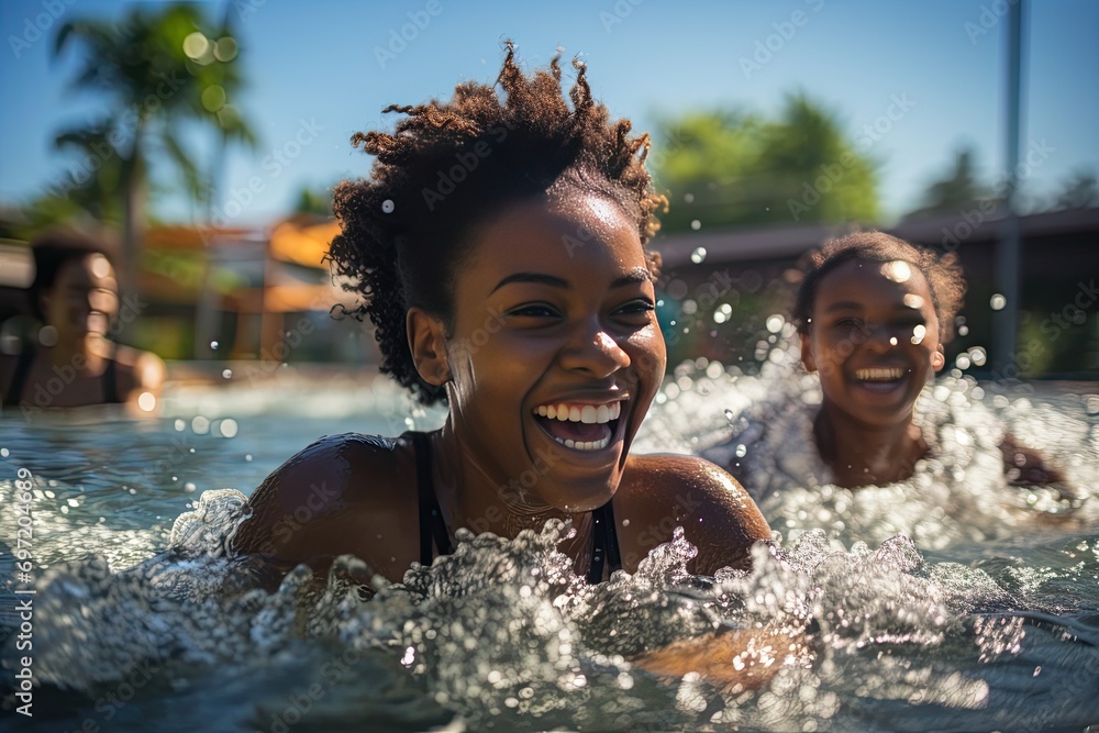 Two African American teenage girls laughing and splashing water in a ...